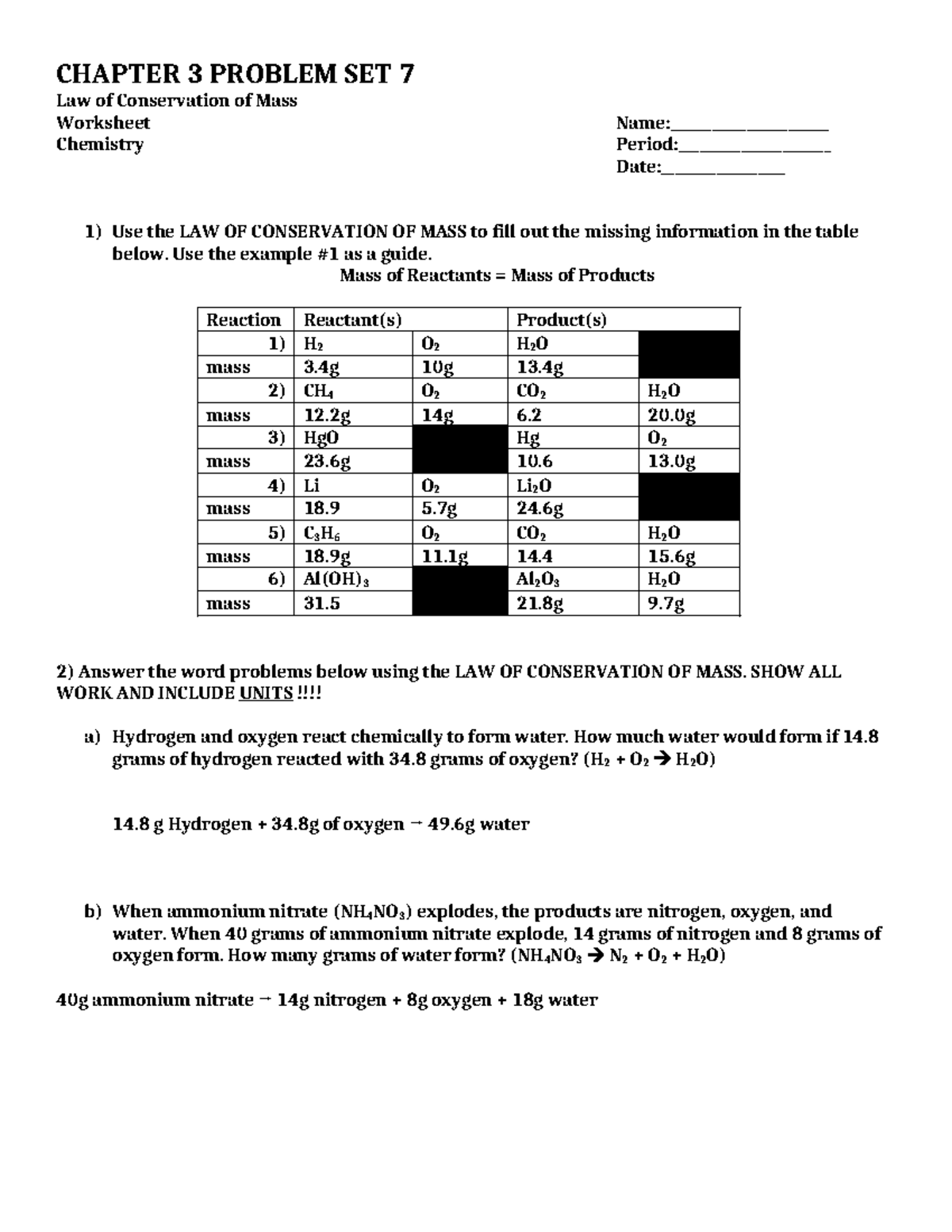 Key Chapter 3 problems set 7 - CHAPTER 3 PROBLEM SET 7 Law of Conservation of Mass Worksheet ...