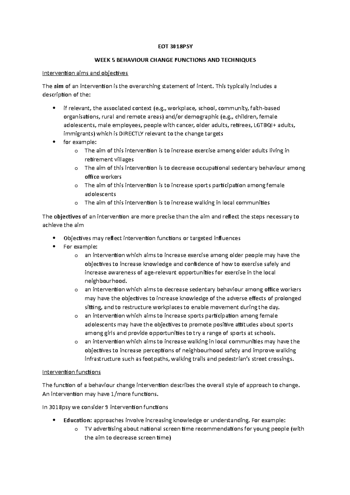 End Of Trimester exam 3018PSY - EOT 3018PSY WEEK 5 BEHAVIOUR CHANGE FUNCTIONS AND TECHNIQUES ...
