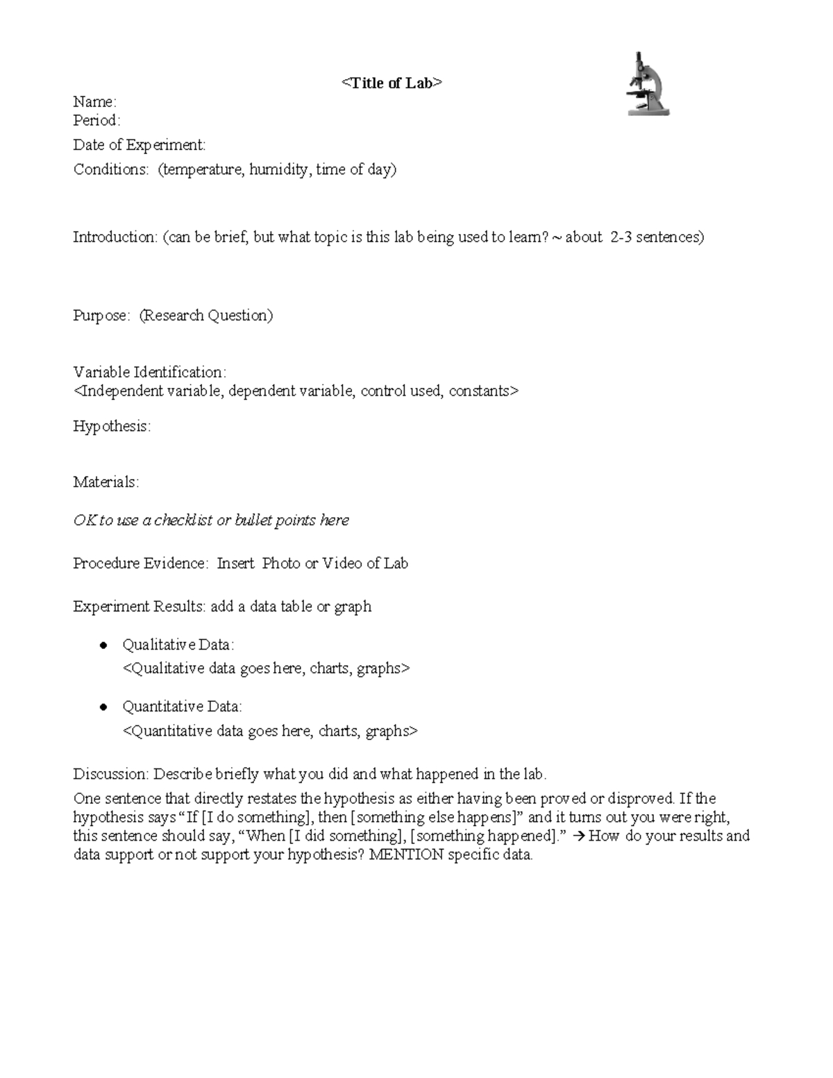 Lab Write Up Template Informal - Name: Period: Date of Experiment ...