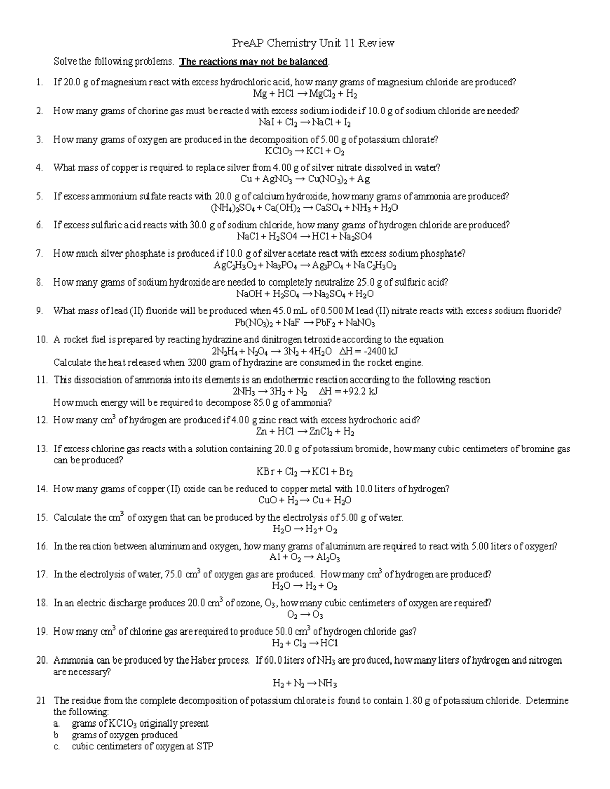 Unit 11 Review-without answers - PreAP Chemistry Unit 11 Review Solve ...