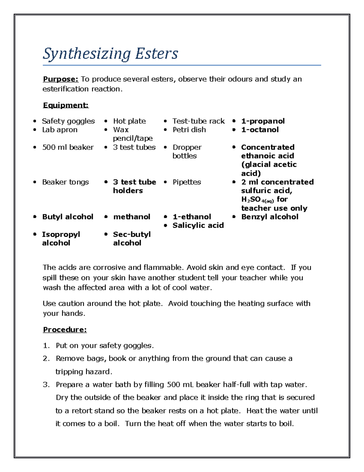 Synthesizing Esters lab instructions - Synthesizing Esters Purpose: To ...