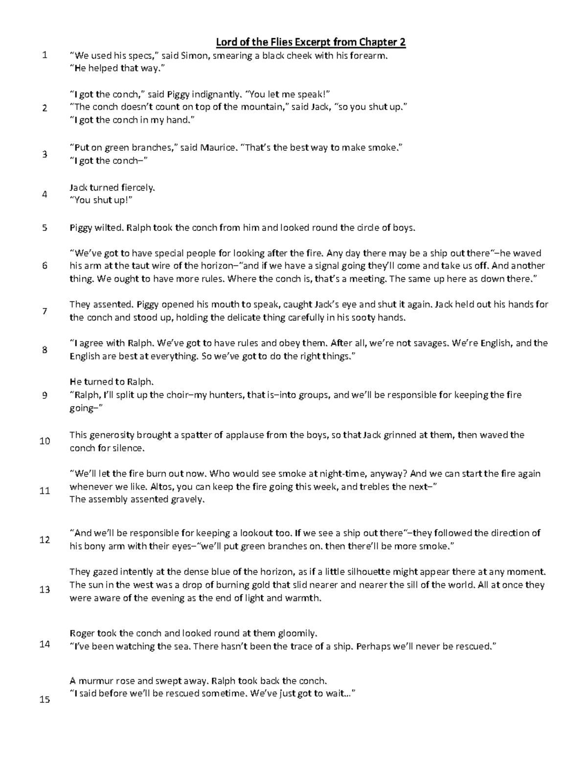 Lord of the flies ch 2 excerpt rare - 1 Lord of the Flies Excerpt from ...