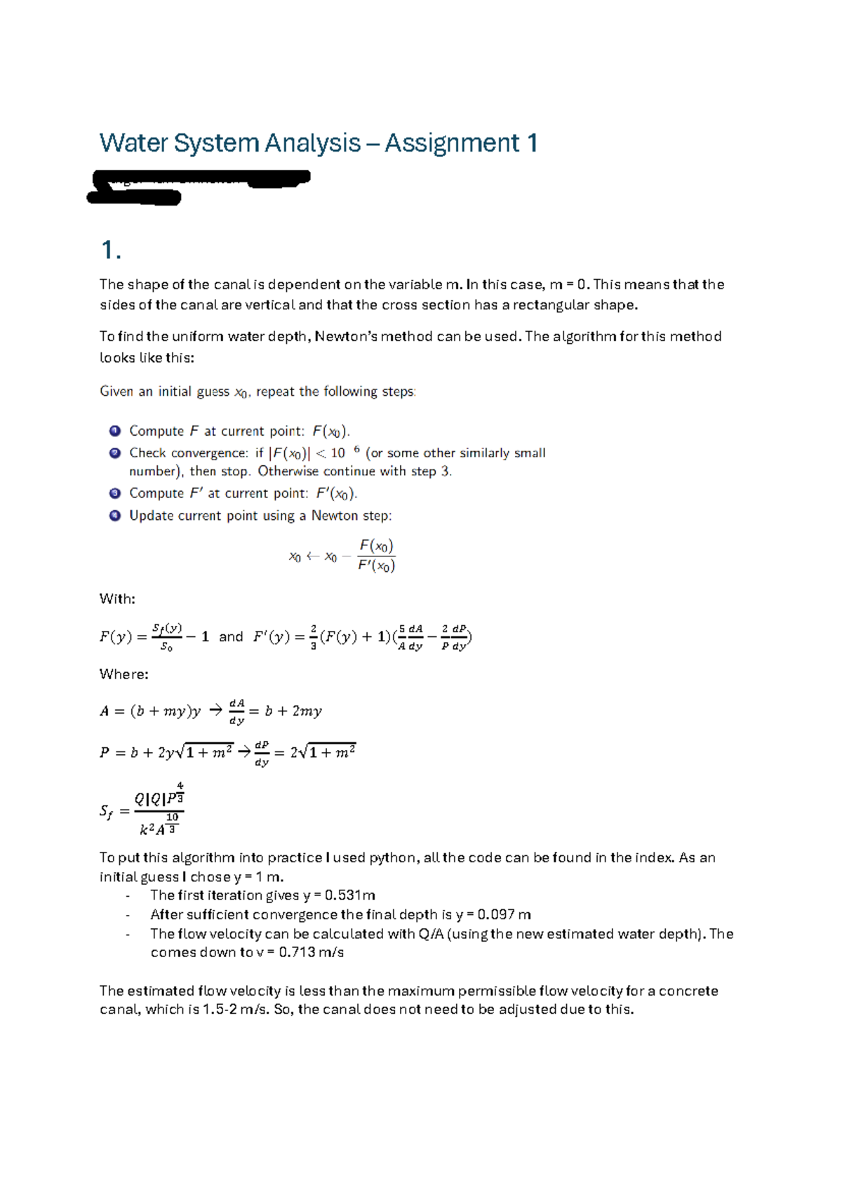 Assignment 1 WSA - Water System Analysis – Assignment 1 Rutger van Ginneken – 513560 13/09/ 1 ...