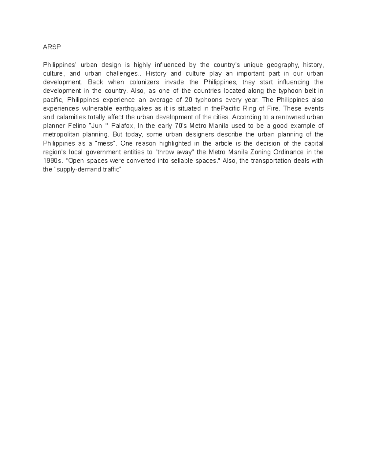 ARSP - ARSP 1 - SUMMARY Module 5 - ARSP Philippines’ urban design is ...