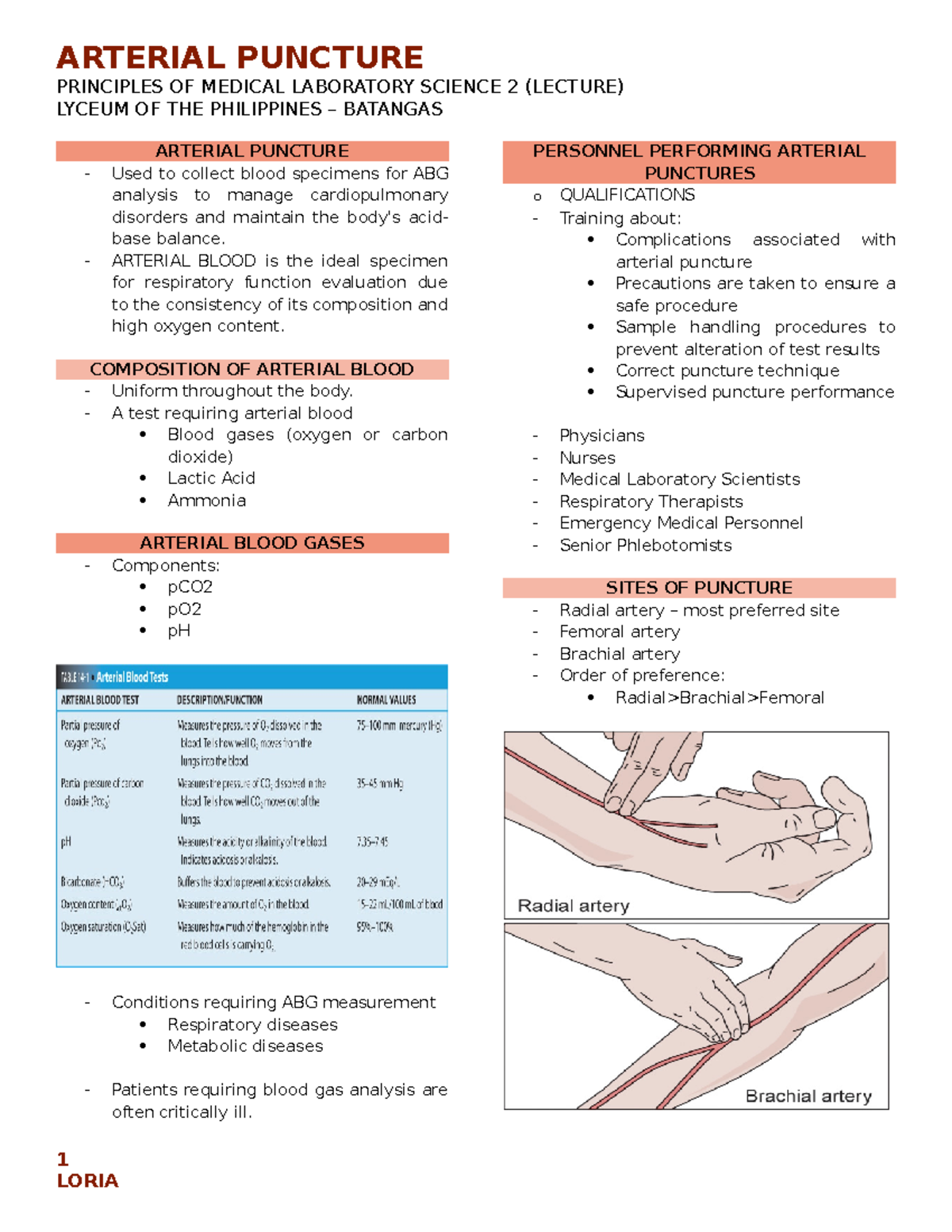 (LEC) Arterial Puncture - PRINCIPLES OF MEDICAL LABORATORY SCIENCE 2 ...
