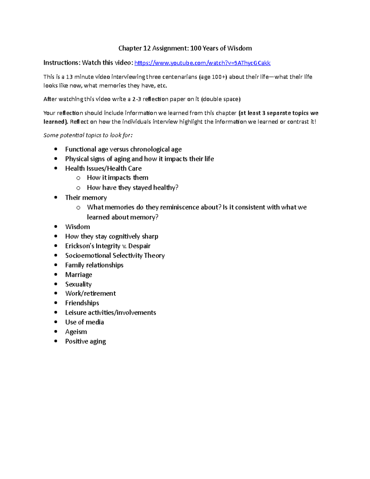Chapter 12 Assignment - Chapter 12 Assignment: 100 Years of Wisdom ...