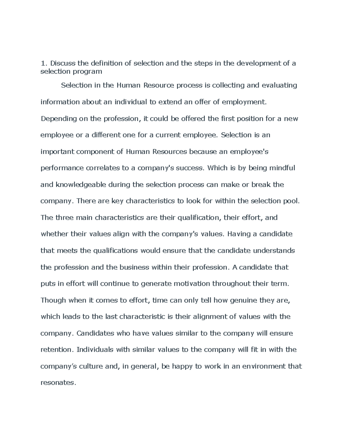 MGMT 4406 Midterm Essay Questions - Discuss the definition of selection ...