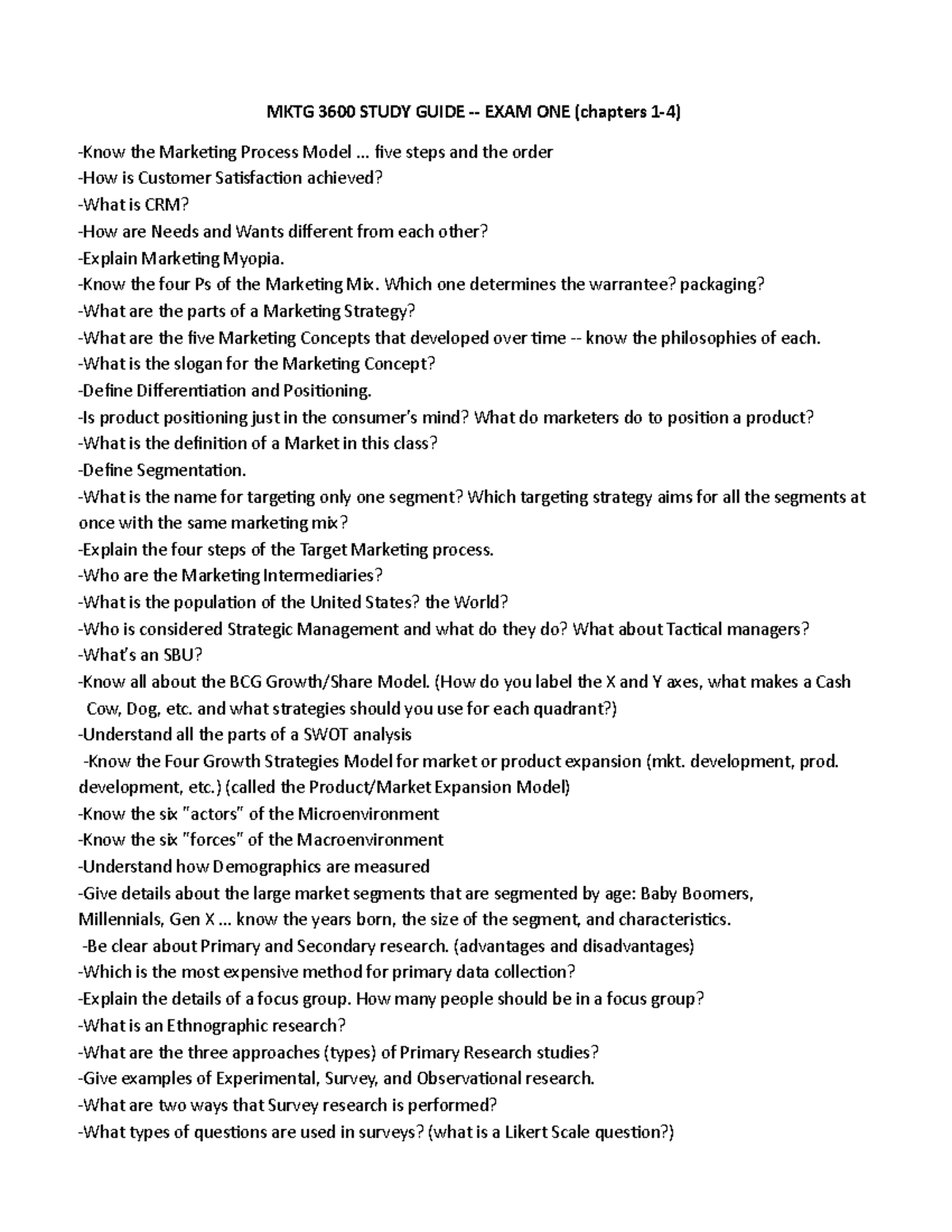 Exam one study guide 1 (chapters 1-4) - MKTG 3600 STUDY GUIDE - EXAM ...