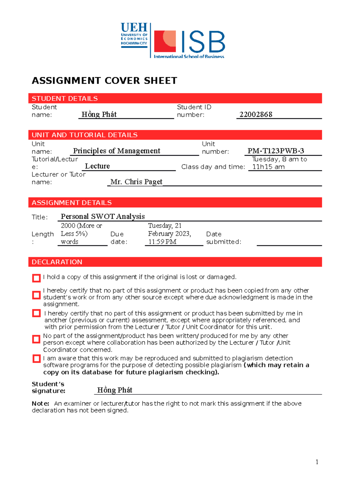 Individual Assignment Cover Sheet ISB - ASSIGNMENT COVER SHEET STUDENT ...