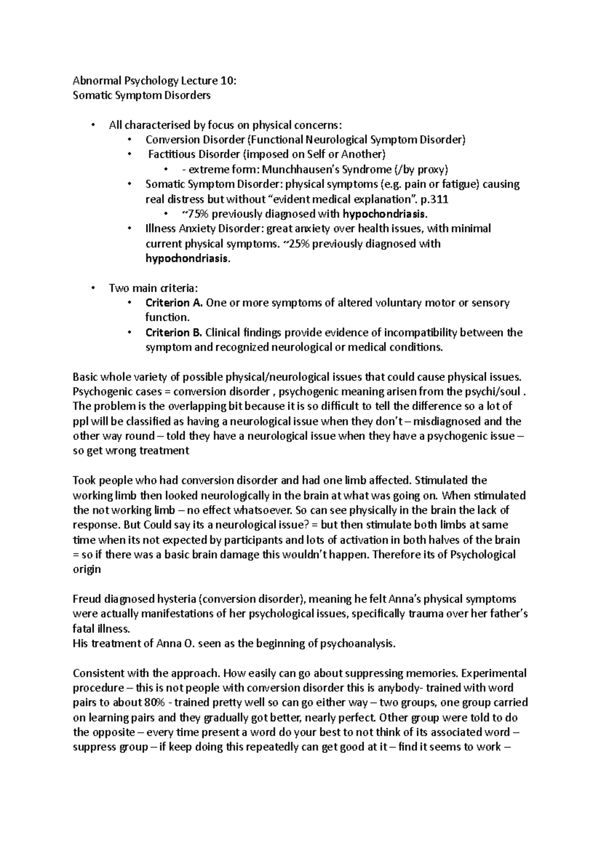 Abnormal Lecture 10 - NOTES - Abnormal Psychology Lecture 10: Somatic ...