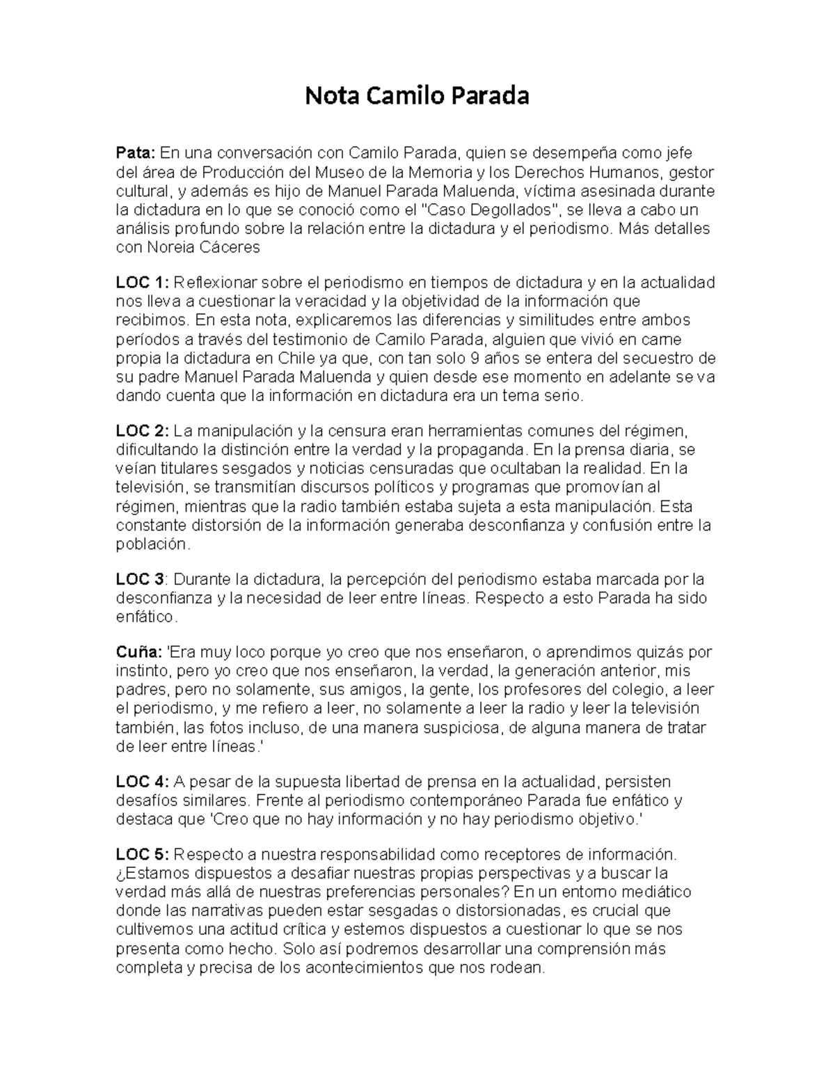 Nota Camilo Parada - nota radial - Nota Camilo Parada Pata: En una conversación con Camilo ...