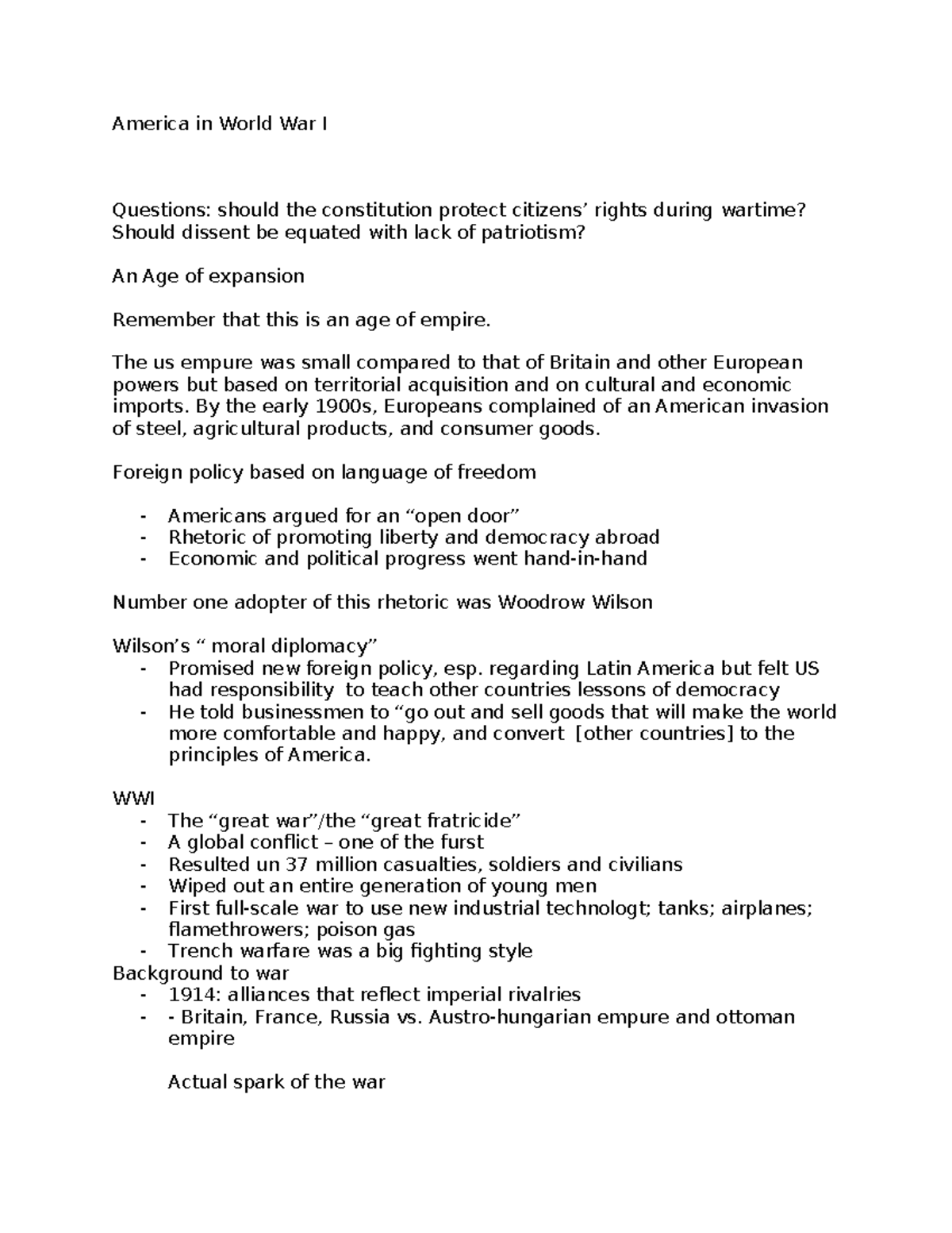 America in World War I - notes - America in World War I Questions ...