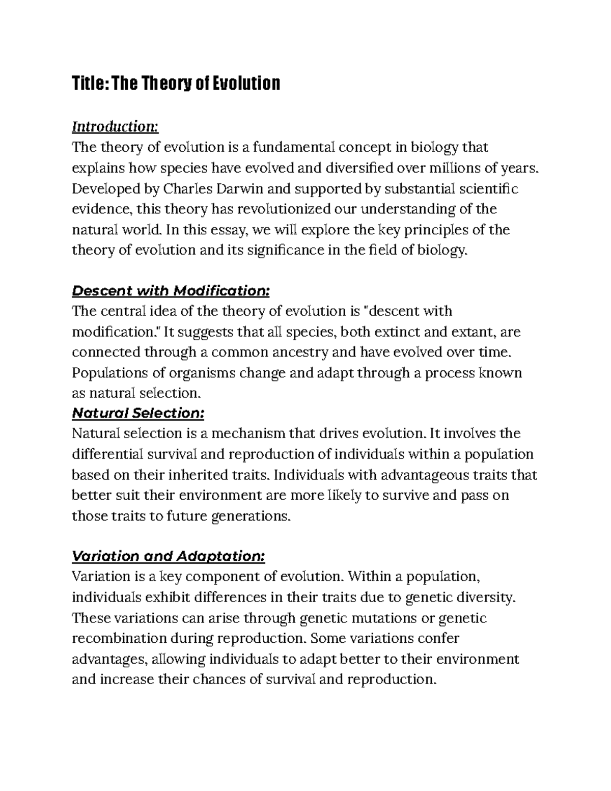 Evolution - Title: The Theory of Evolution Introduction: The theory of ...