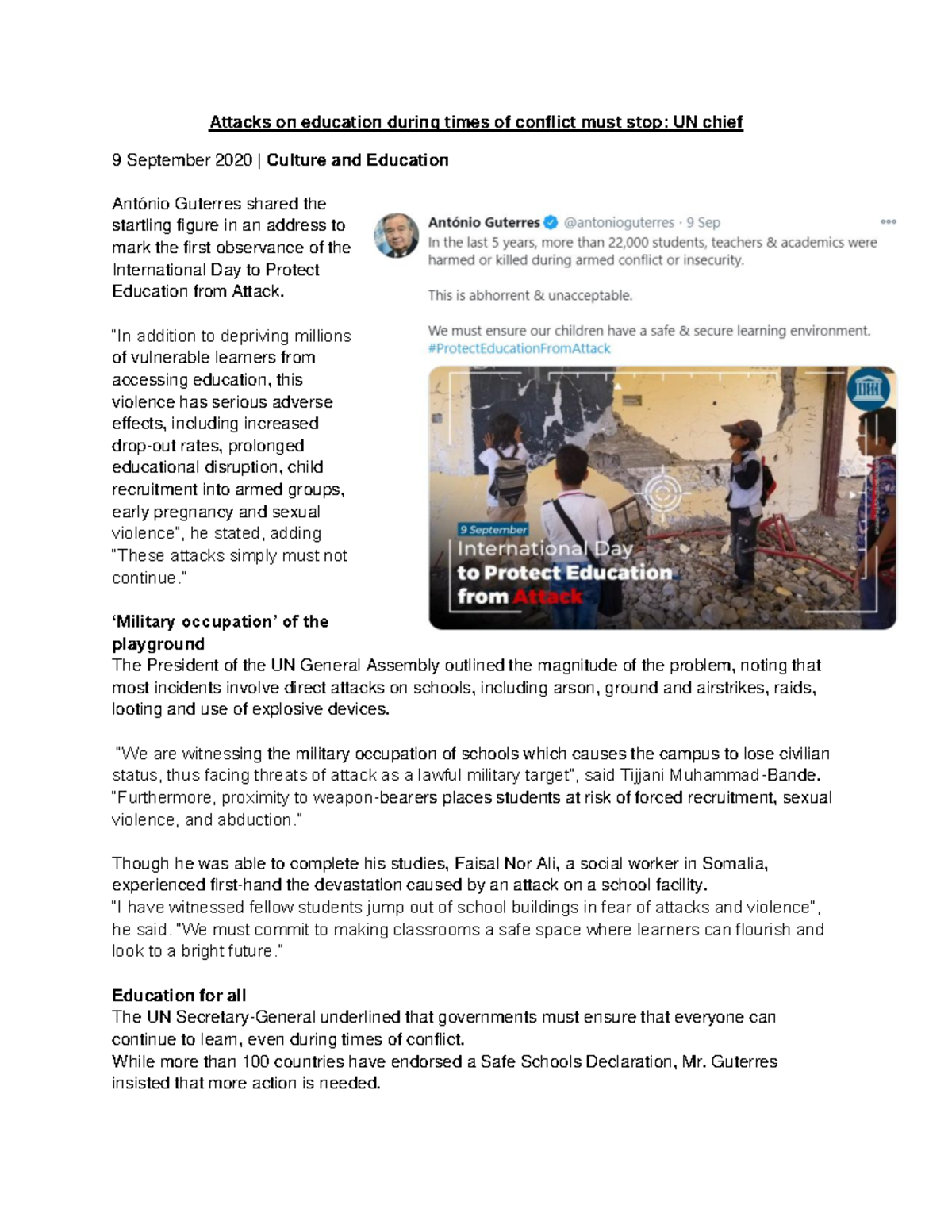 UN Attacks on education during times of conflict must stop - “In ...