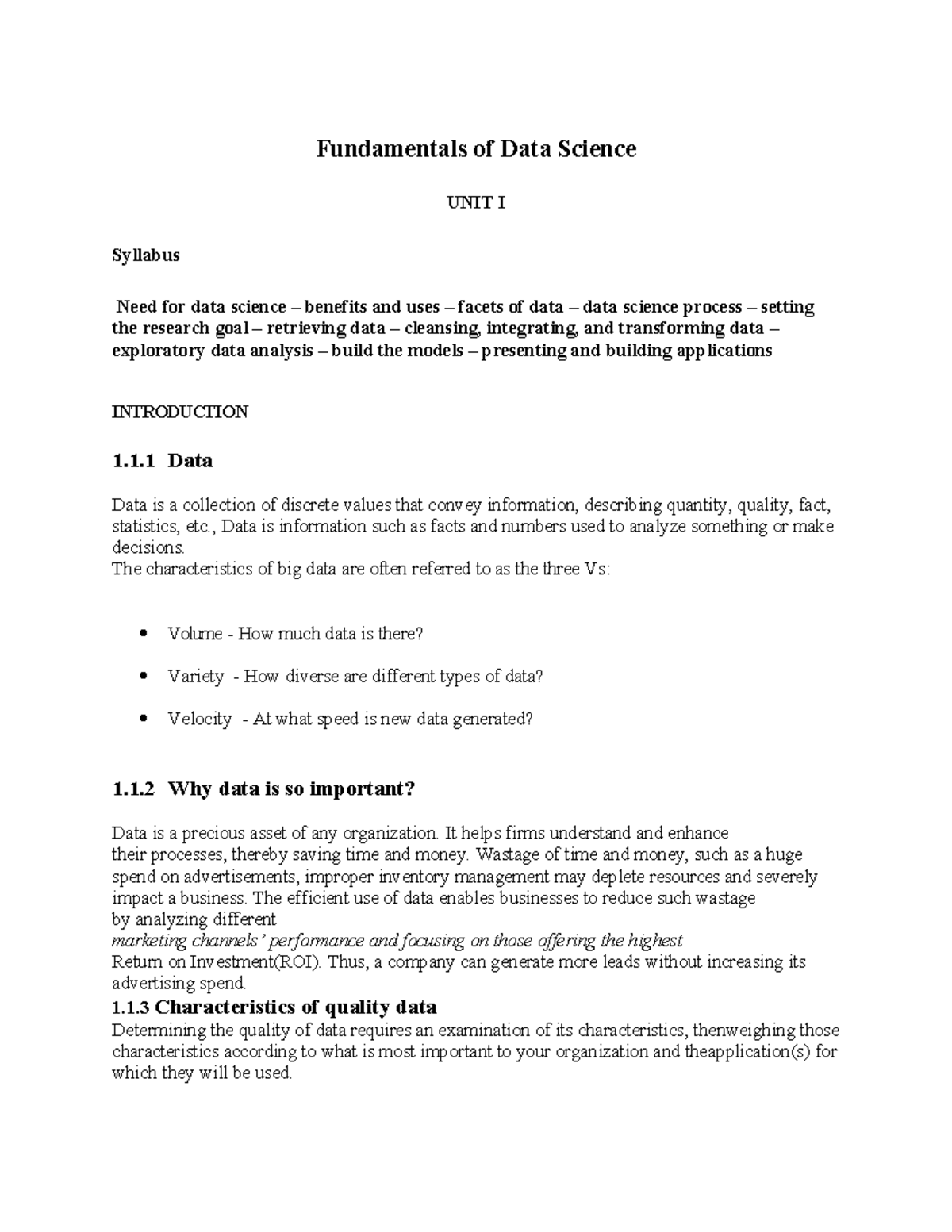 Fundamentals of Data Science unit 1 - Fundamentals of Data Science UNIT I Syllabus Need for data ...
