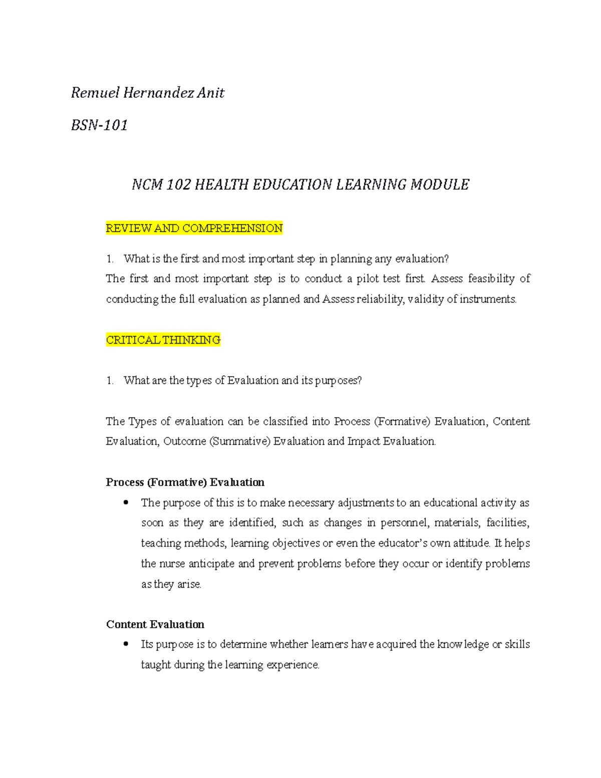 Health EDUC - Module - SAKJDMKS - Remuel Hernandez Anit BSN- NCM 102 ...