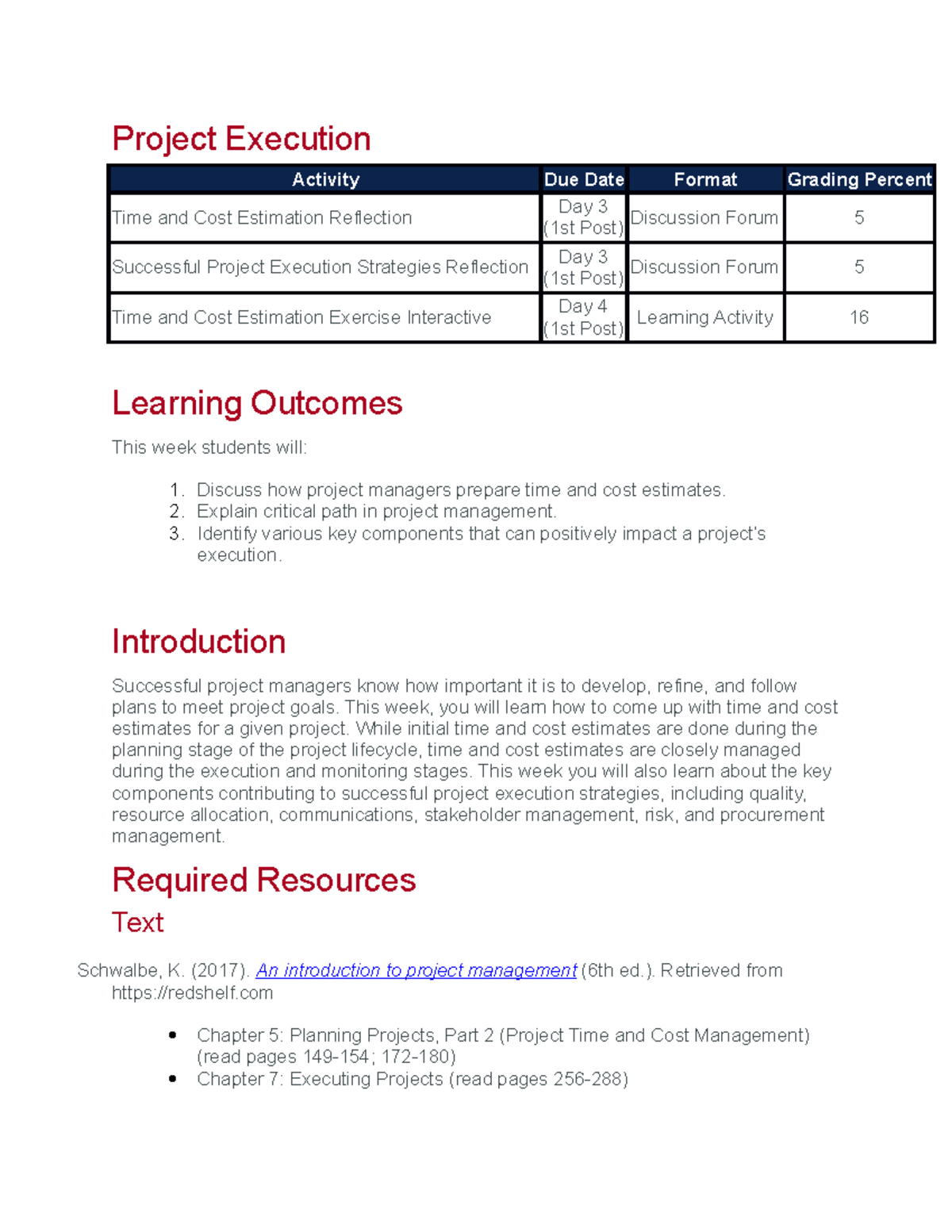 Notes for Week Three - Project Execution Activity Due Date Format ...