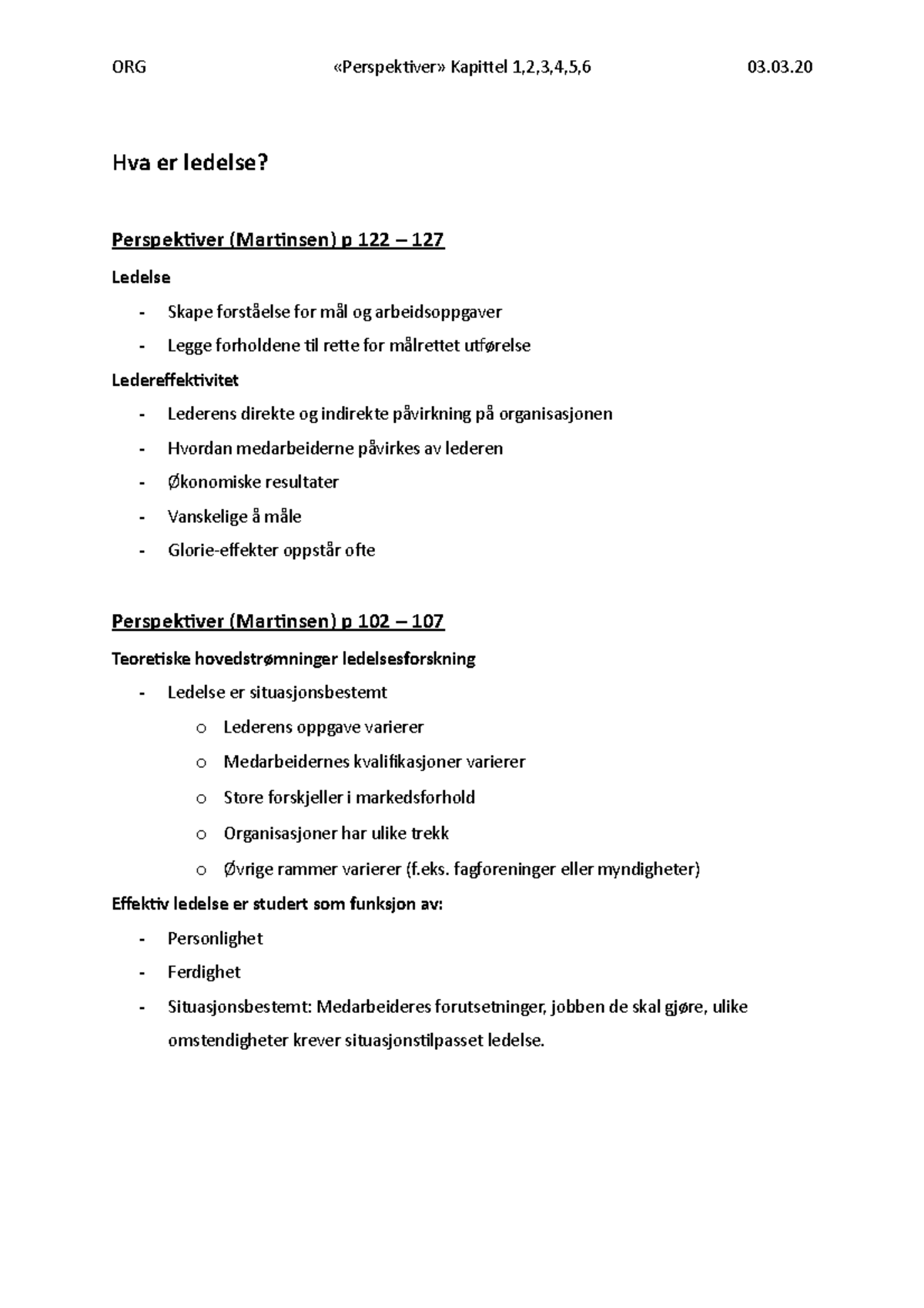 Psykologi, organisasjon og ledelse, forelesning, 2020 - Hva er ledelse? Perspektiver (Martinsen ...