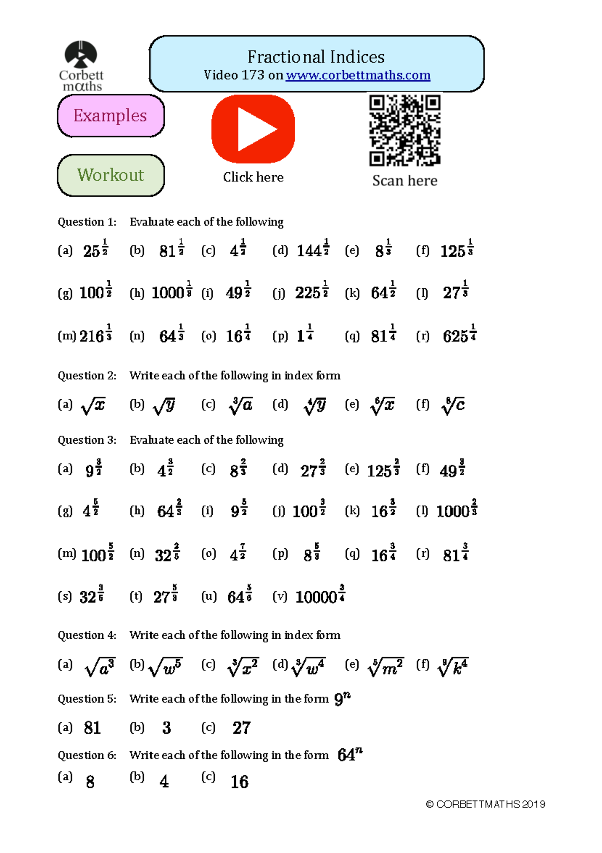 Fractional-Indices-pdf - ! Fractional Indices Video 173 on corbettmaths ...