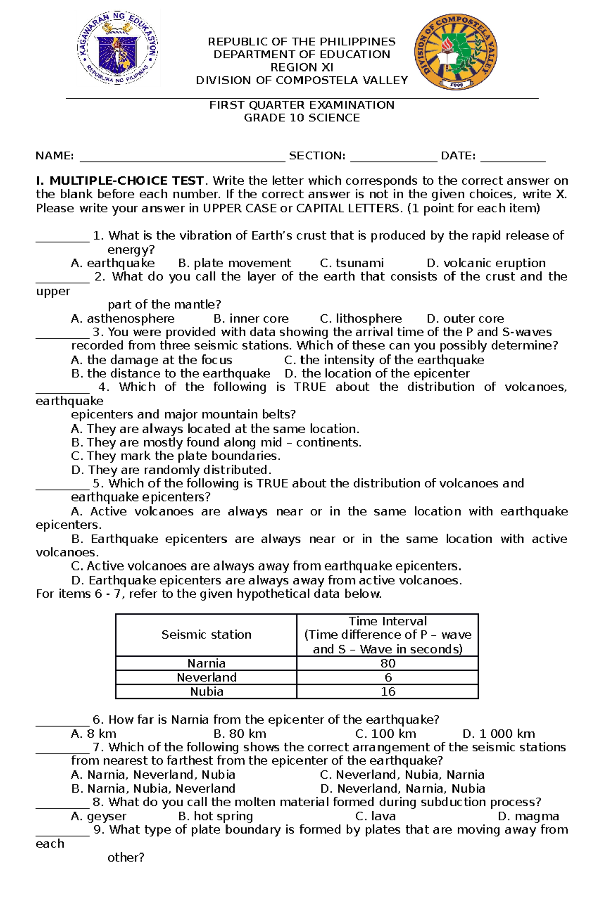 Q1EXAM Grade 10 - for examination - REPUBLIC OF THE PHILIPPINES ...
