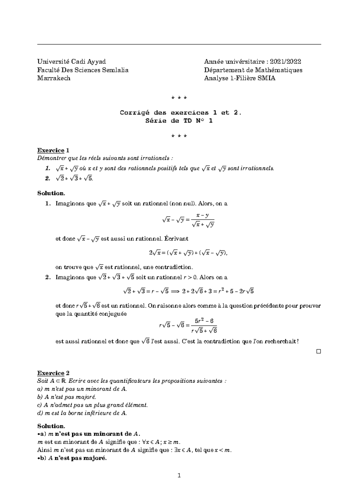Exercices corrigés de mathématique- analyse 1 - Université Cadi Ayyad ...