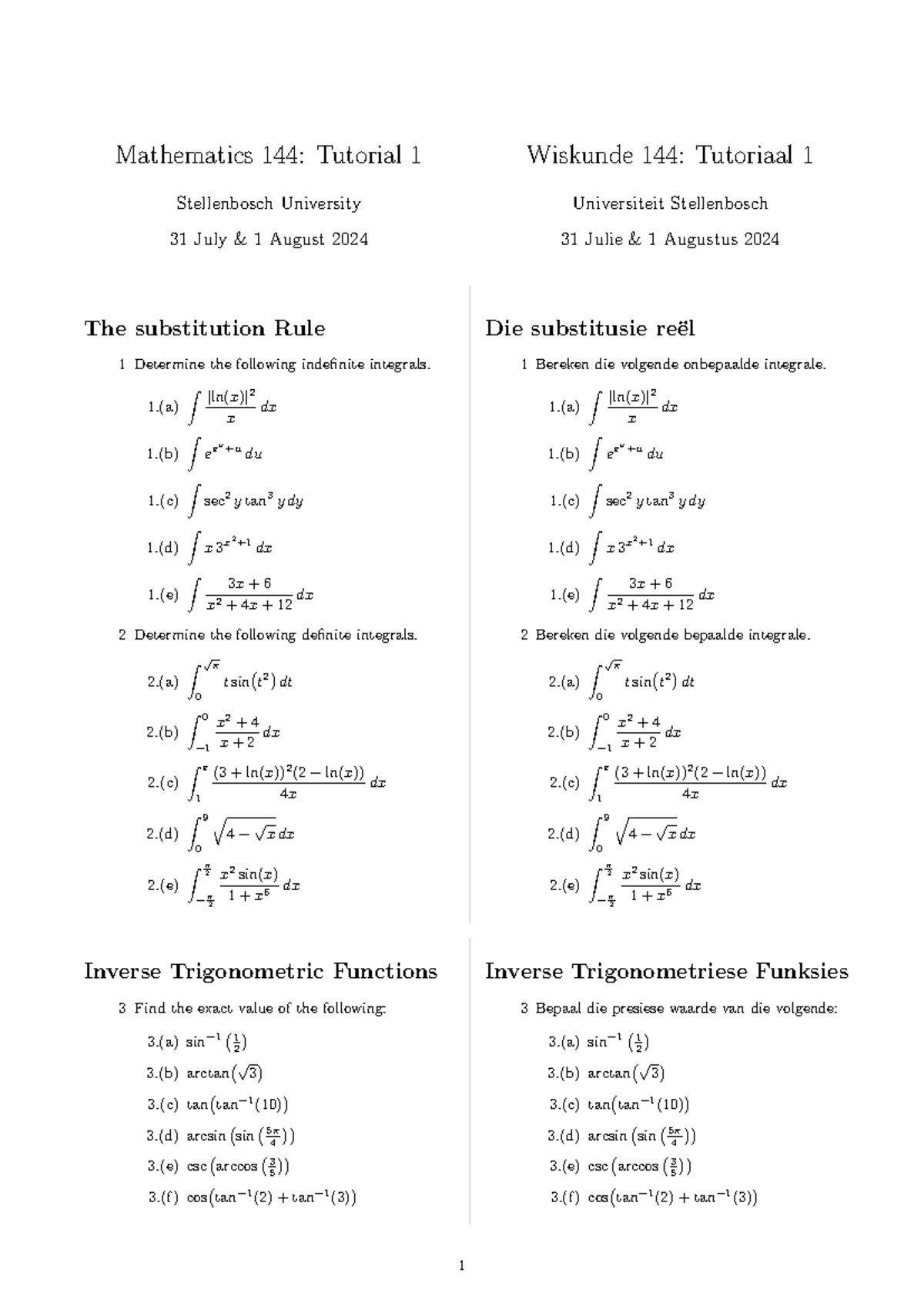 144 tut1 - tut 1 - Mathematics 144: Tutorial 1 Stellenbosch University ...