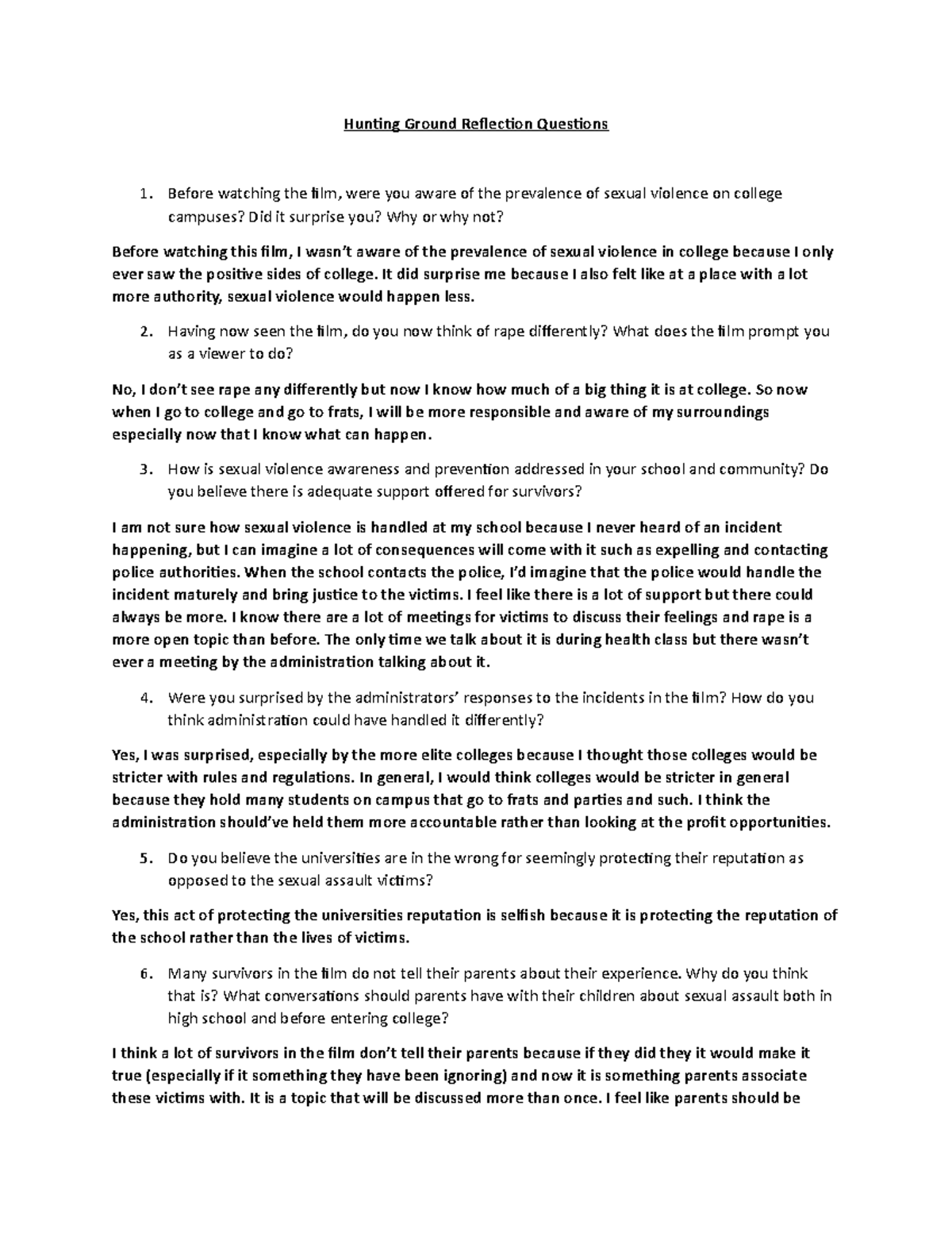 The Hunting Grounds Reflection Questions - Studocu