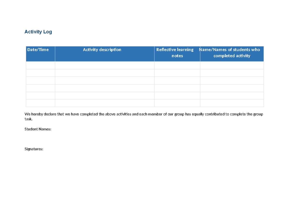 Activity Log Template - noted - Visual Production - Activity Log We ...