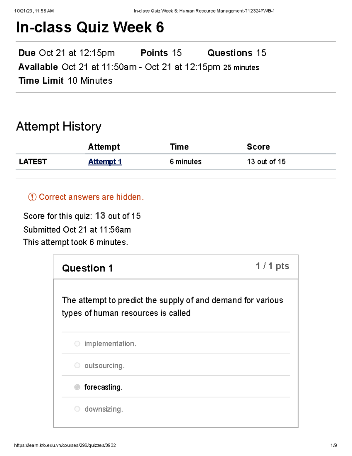 In-class Quiz Week 6 Human Resource Management-T12324 PWB-1 - In-class ...