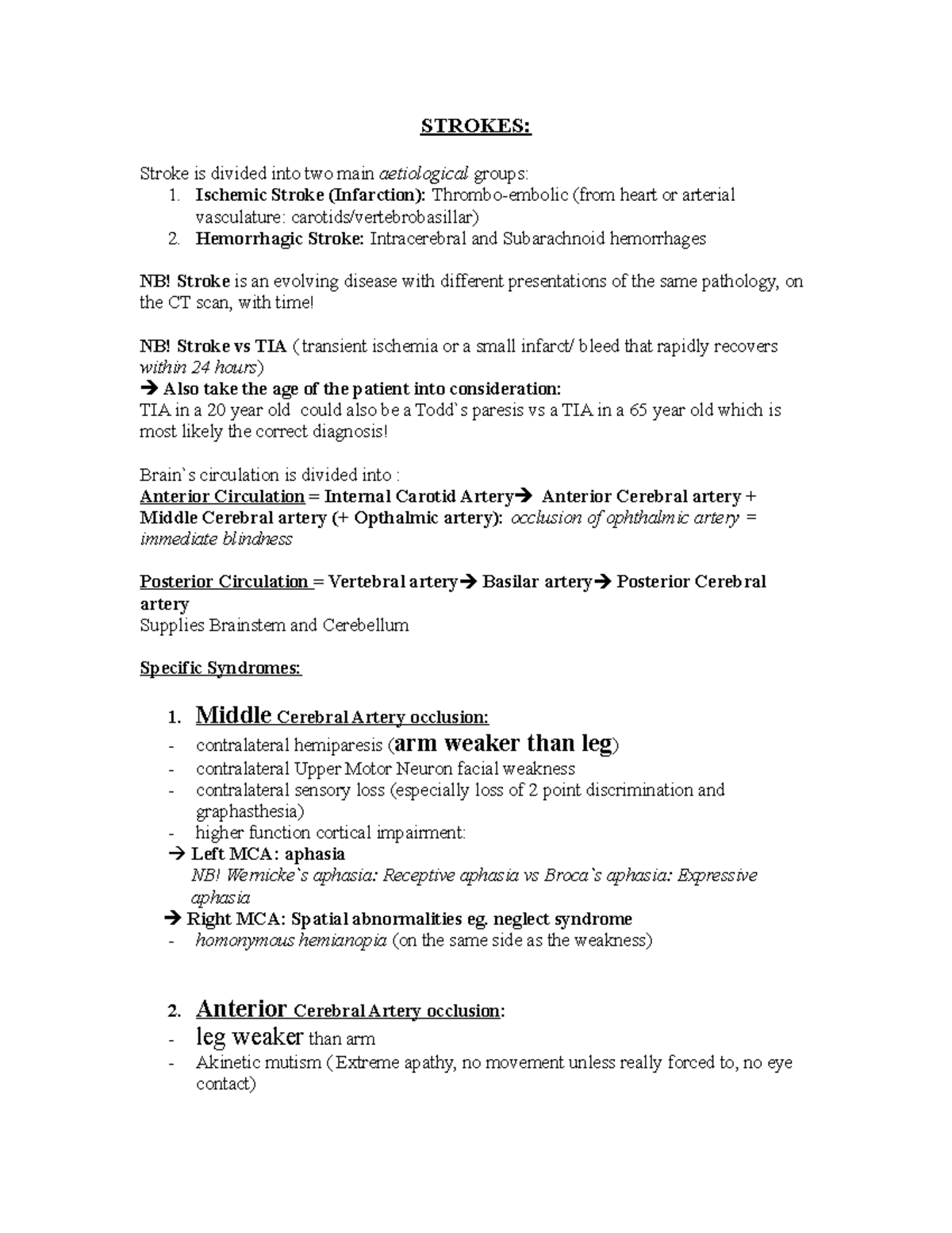 Strokes - Stroke -Internal Medicine Summary Notes 2020 - STROKES ...