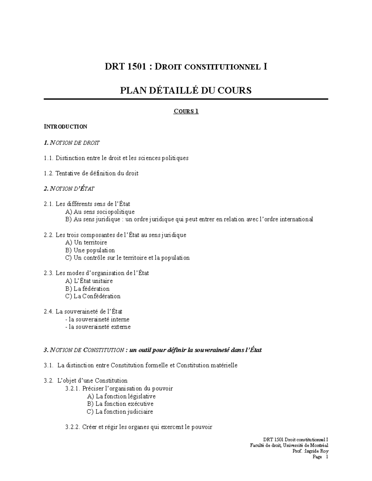 Plan de cours détaillé par semaine - DRT 1501 : DROIT CONSTITUTIONNEL I ...