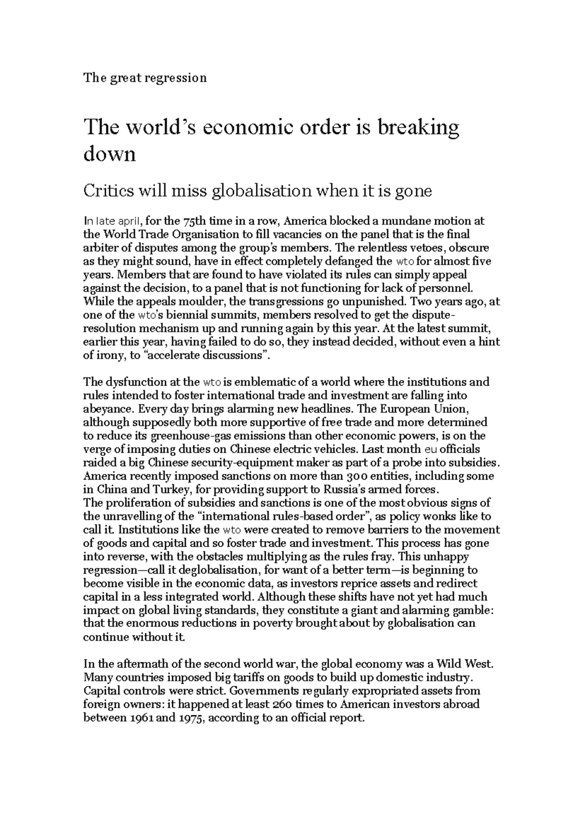 Nota The Economist en inglés - The great regression The world’s ...