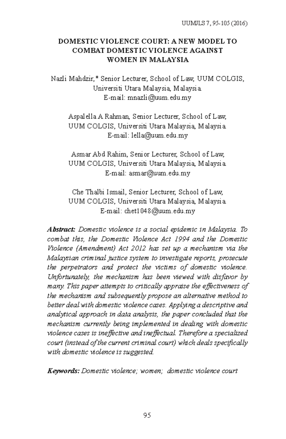 Article on domestic violence - DOMESTIC VIOLENCE COURT: A NEW MODEL TO ...