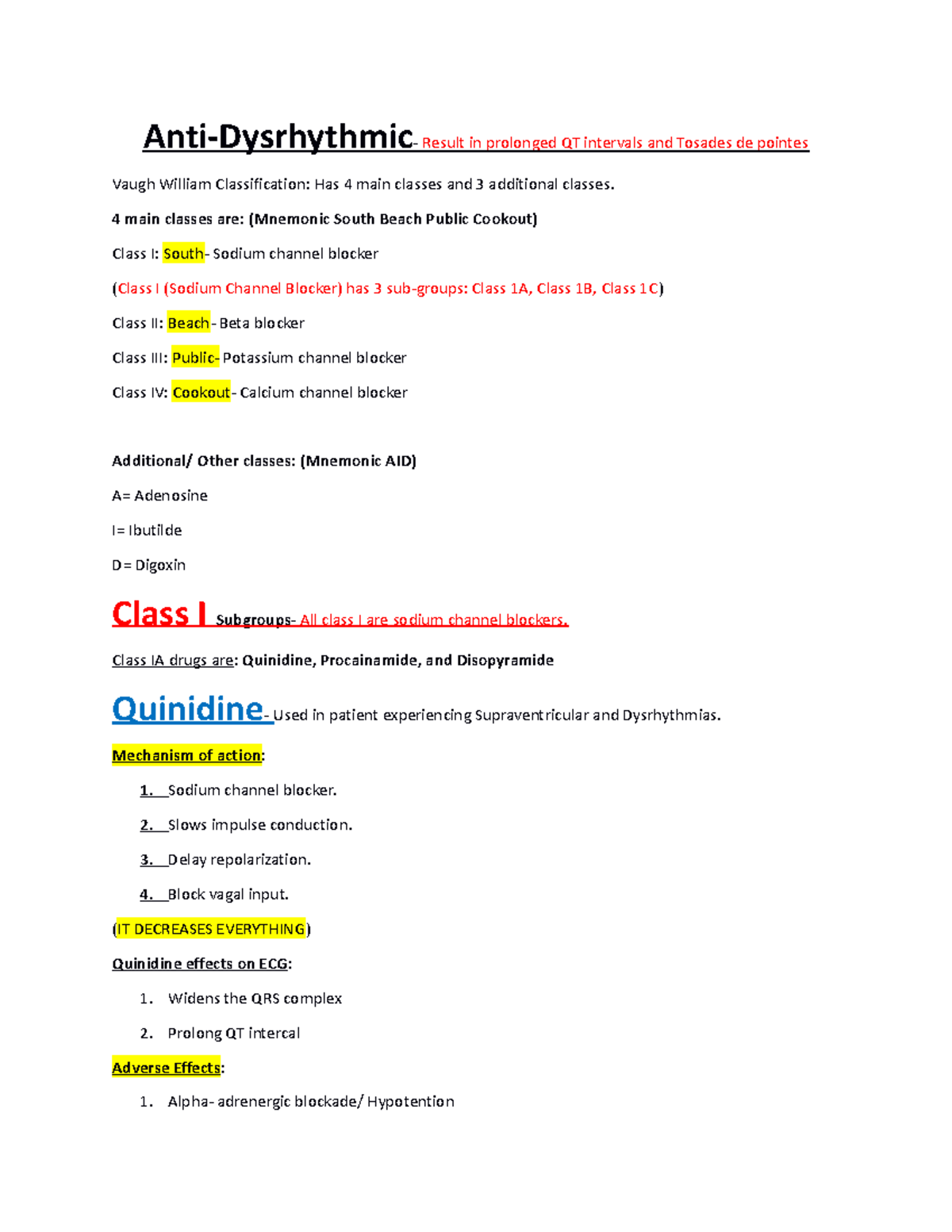 Pharm Midterm - Hahja - Anti-Dysrhythmic- Result in prolonged QT ...