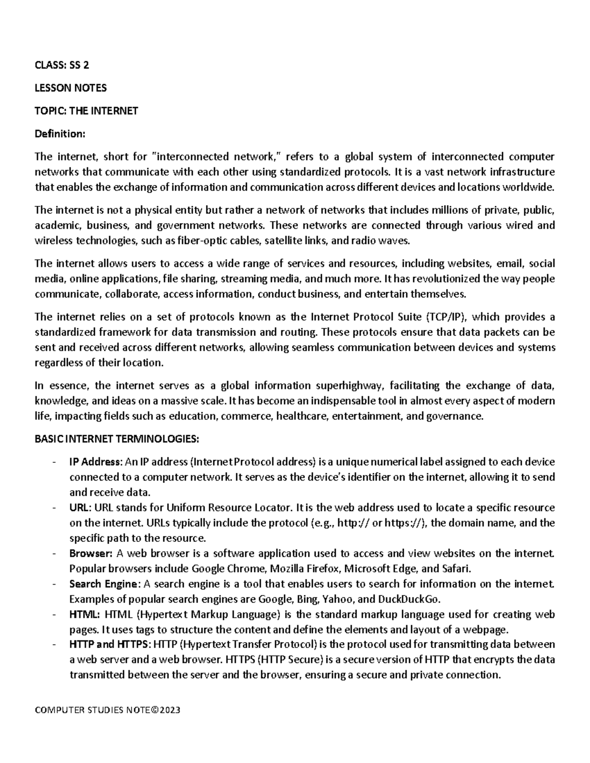Notes ON Internet - CLASS: SS 2 LESSON NOTES TOPIC: THE INTERNET ...
