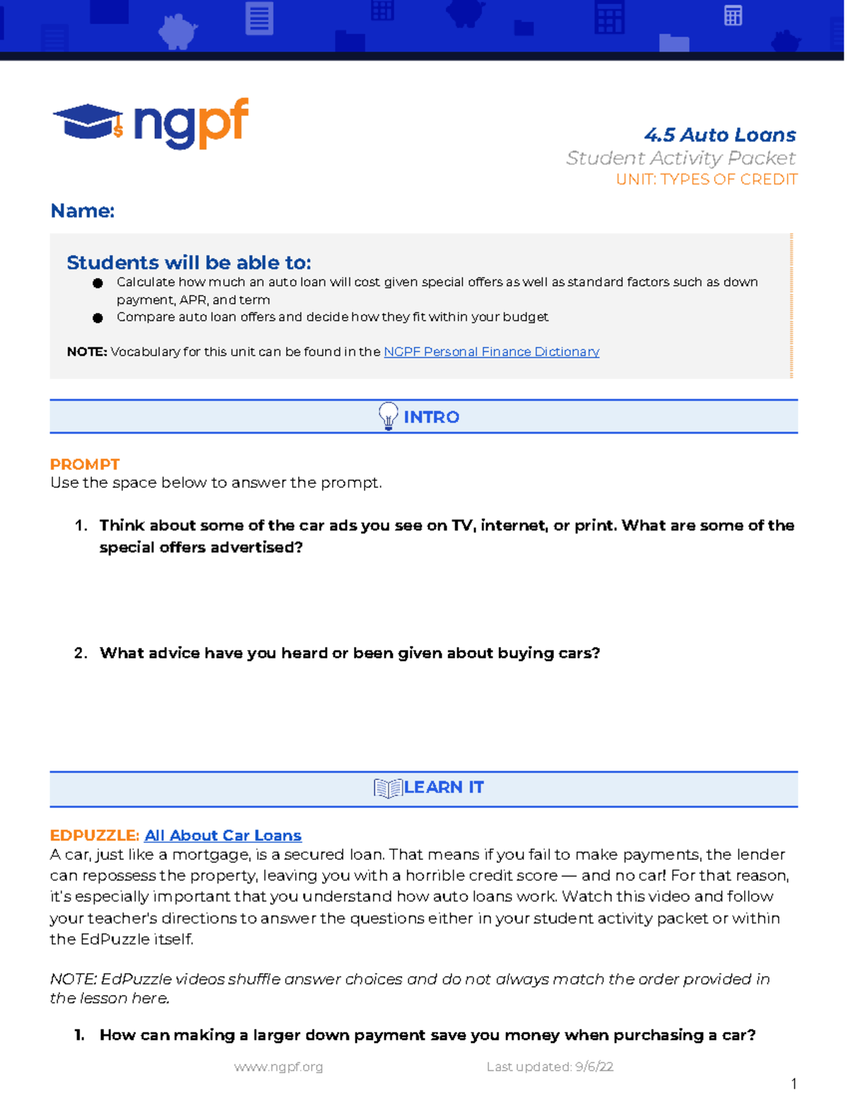 Car Loans high school - 4 Auto Loans Student Activity Packet UNIT ...