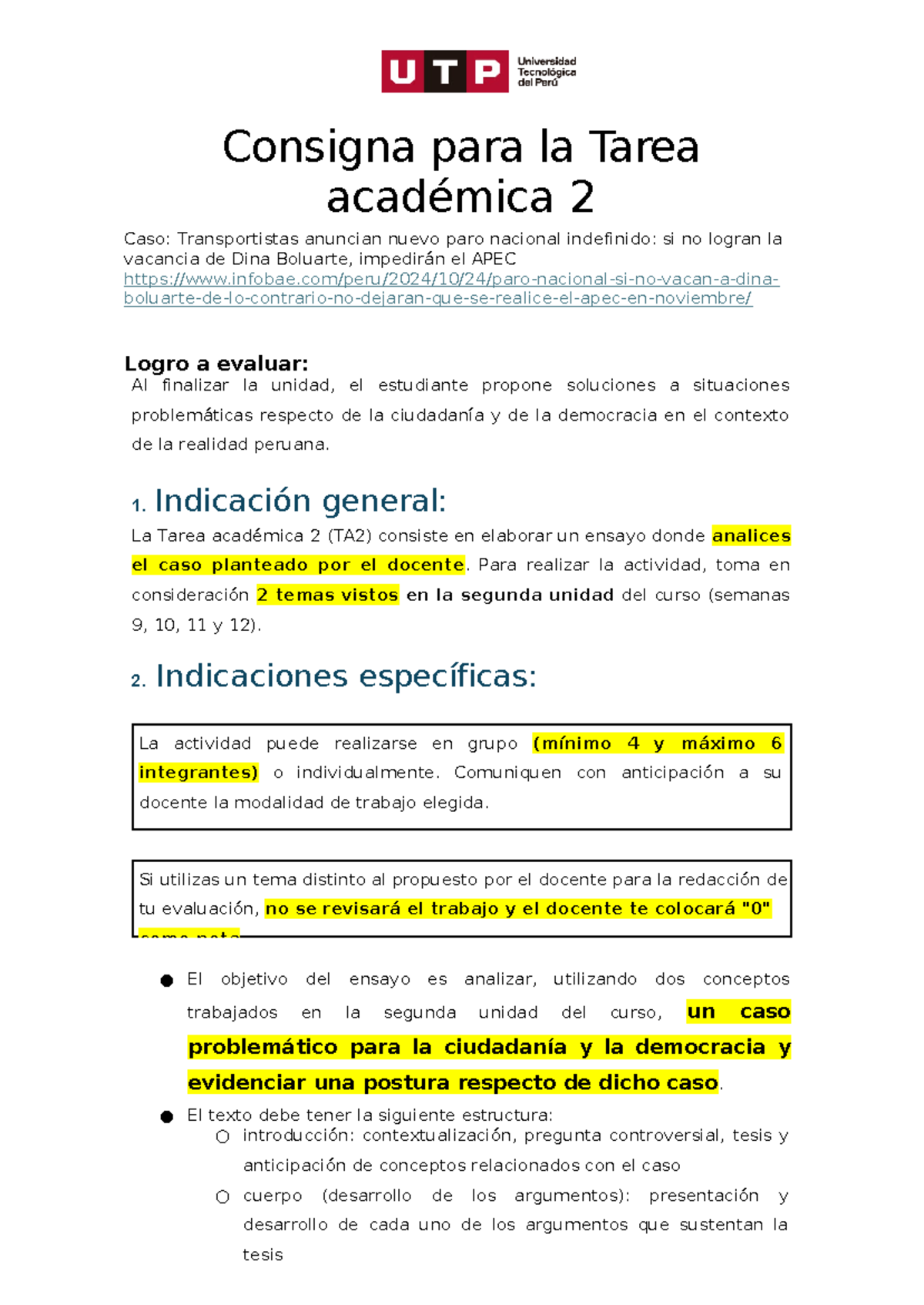 Consigna para la TA 2 - Consigna para la Tarea académica 2 Caso: Transportistas anuncian nuevo ...