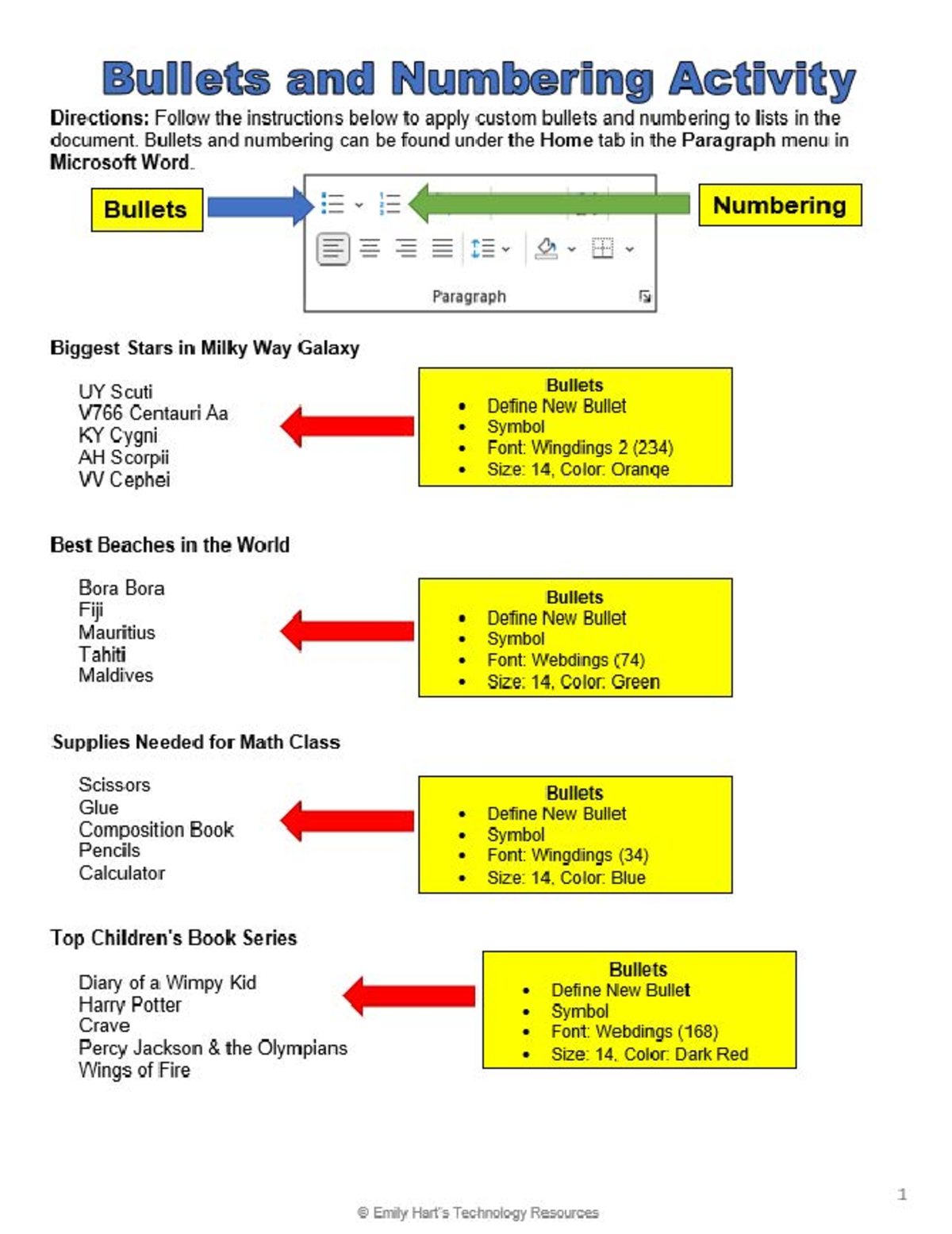 Bullets and Numbering Activity - Bullets and numbering can be found ...
