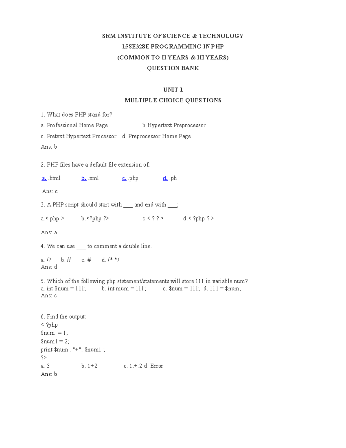 Question Bank Php No Info Srm Institute Of Science And Technology 15se328e Programming In Php 