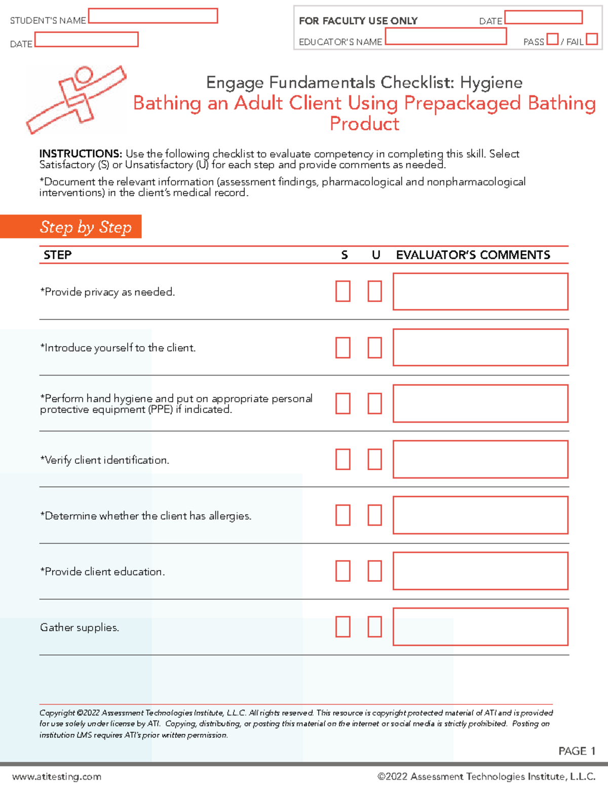 Skills Checklist Hygiene Package Bath - PAGE 1 Copyright ©2022 ...
