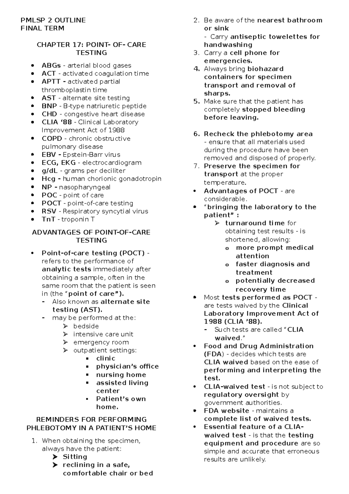 Point OF CARE Testing ( Phlebotomy Outline) - PMLSP 2 OUTLINE FINAL ...