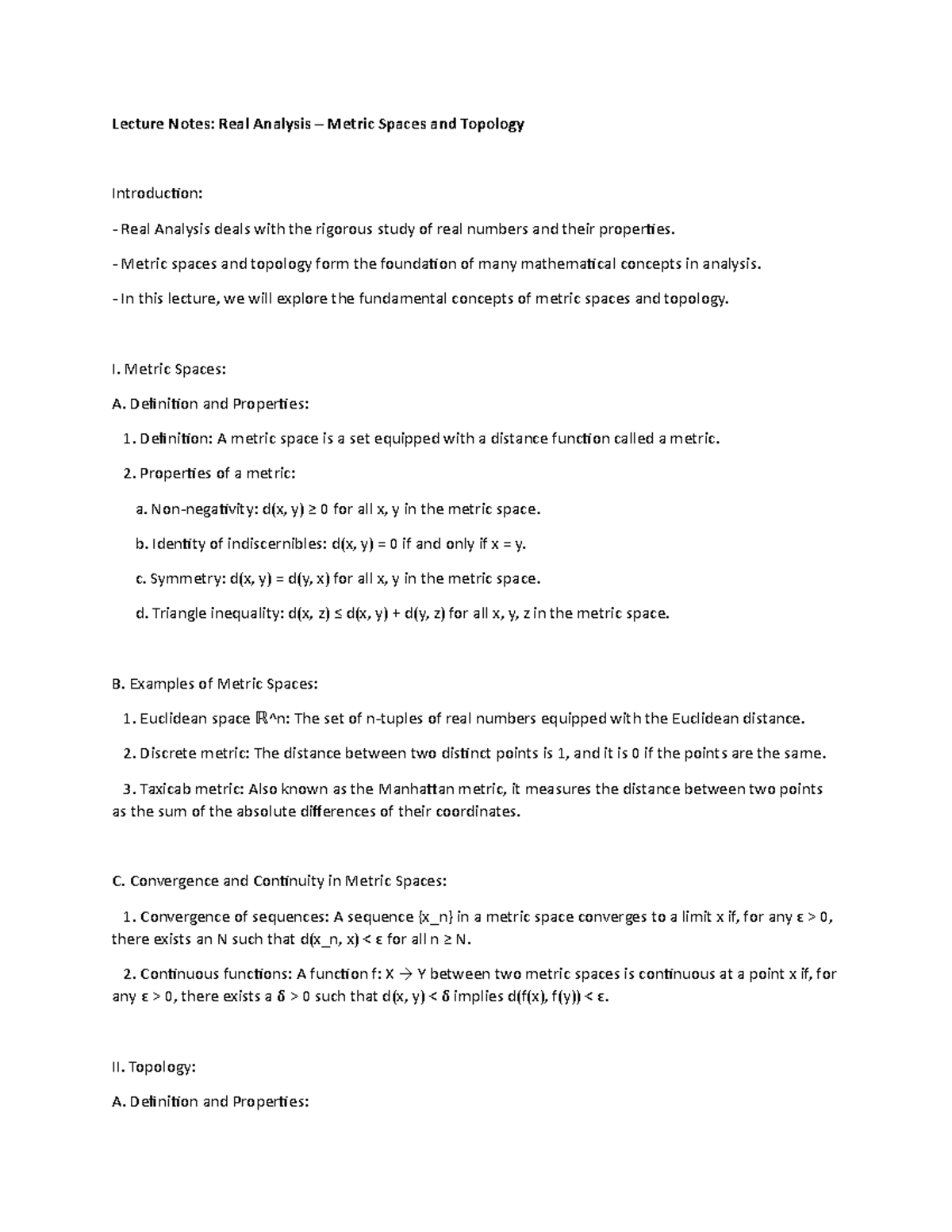Lecture Notes: Real Analysis – Metric Spaces and Topology - Metric ...