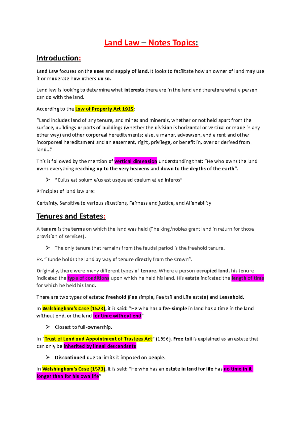 Land Law Notes Y2 - Land Law – Notes Topics: Introduction: Land Law ...
