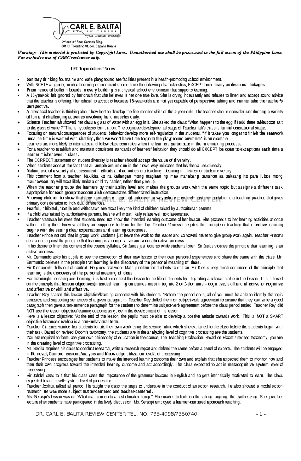 Let-topnotchers-notes - DR. CARL E. BALITA REVIEW CENTER Warning: This ...