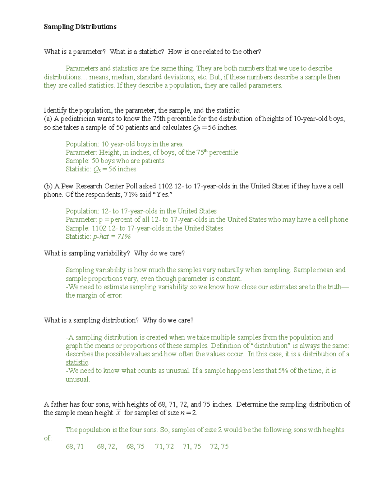 Ch 7 Sampling Distribution Test Review Key - Sampling Distributions ...