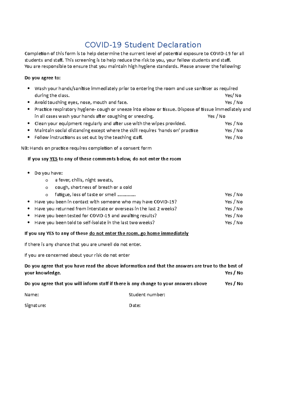 OTHY206 Student Declaration Form - COVID-19 Student Declaration ...