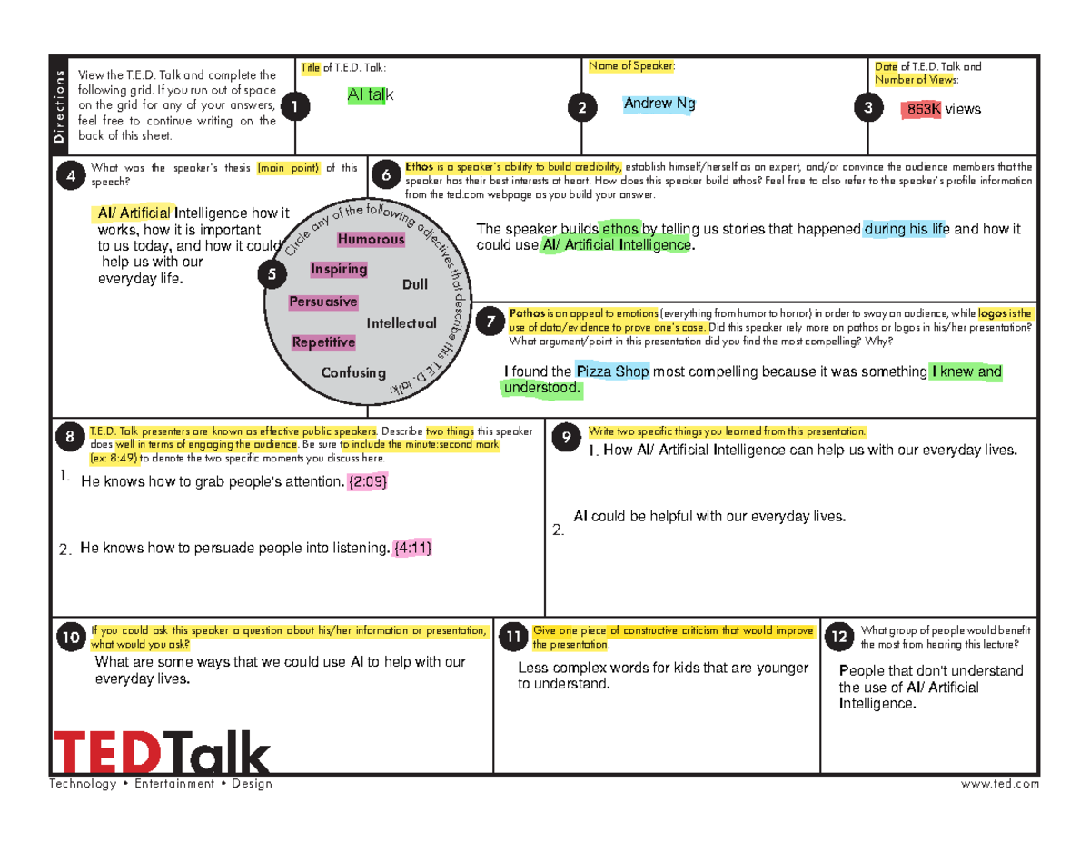 TED Talks analysis (2) pdf - TEDTalk View the T.E. Talk and complete ...