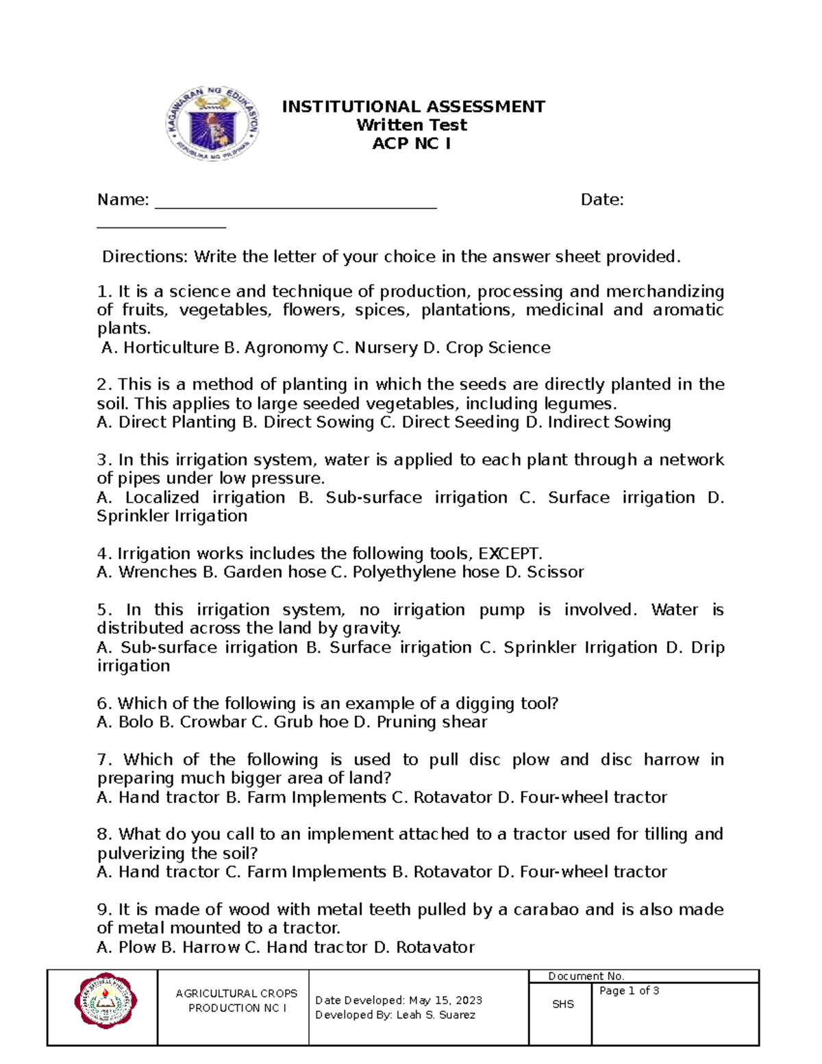 Institutional Assessment written test - INSTITUTIONAL ASSESSMENT ...