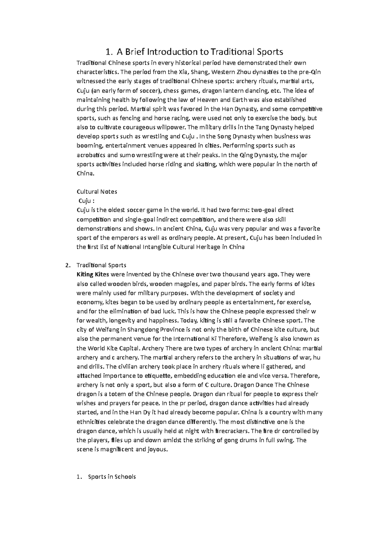 A Brief Introduction to Traditional Sports - 1. A Brief Introduction to ...