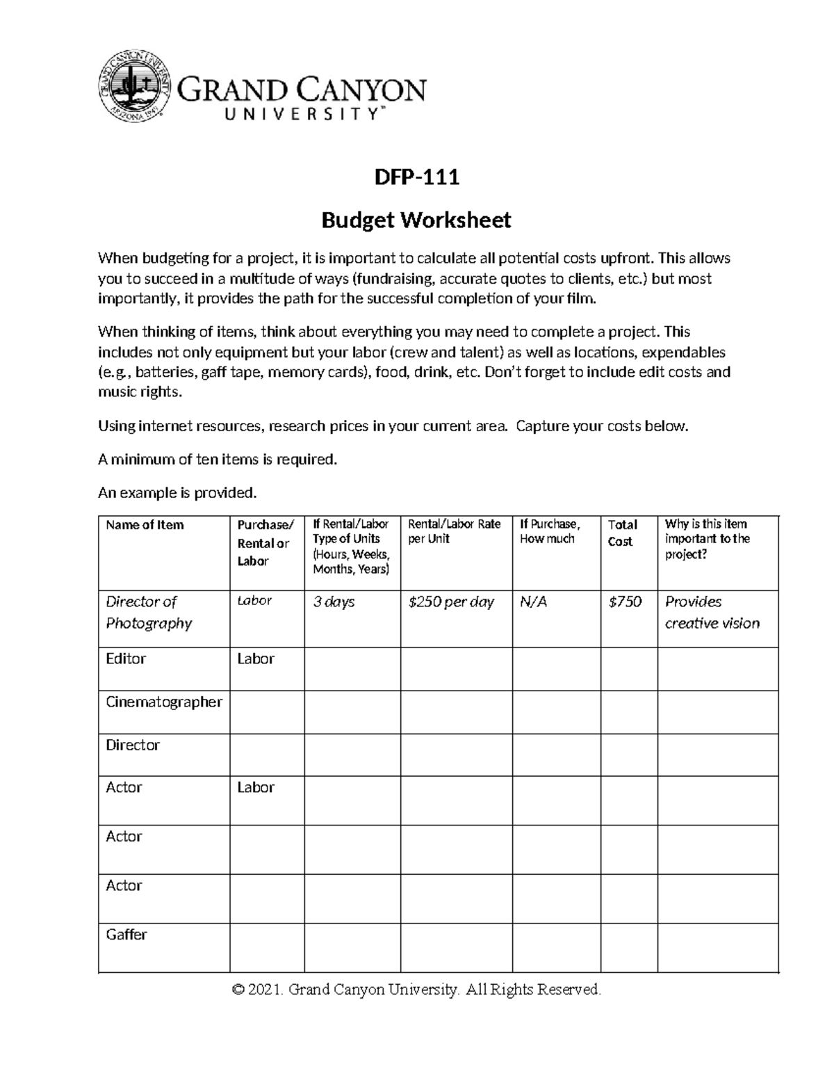 Budget Worksheet - DFP- Budget Worksheet When budgeting for a project ...